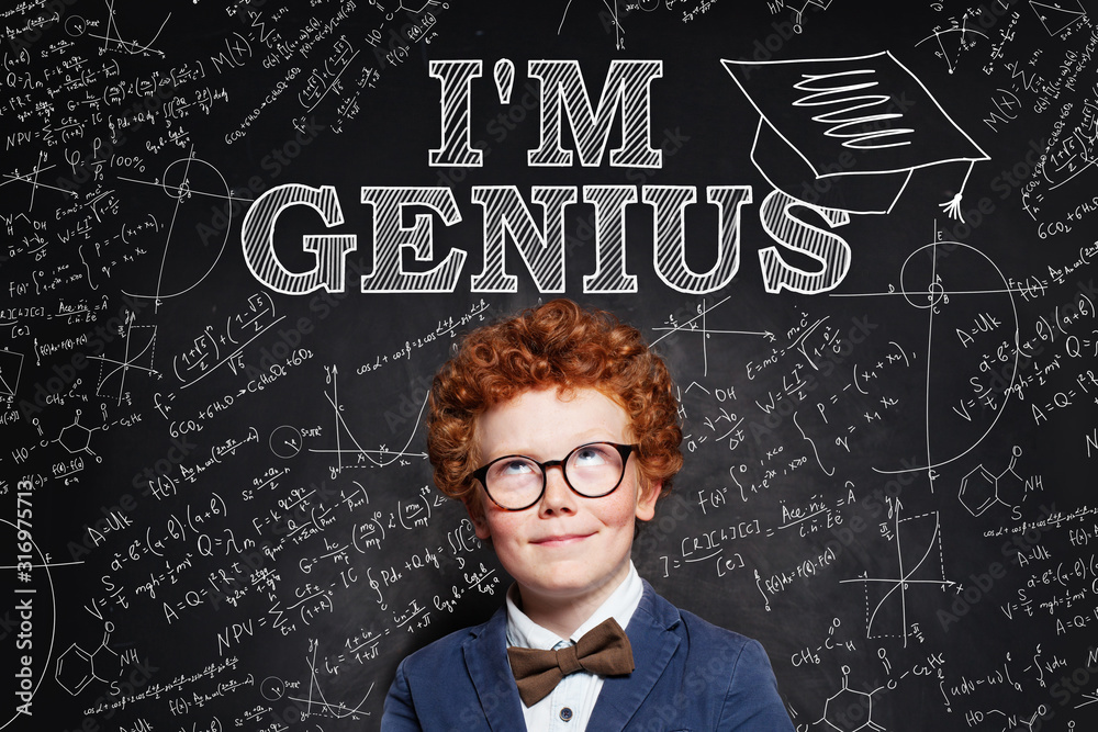 Funny little boy genius on blackboard background portrait Stock Photo ...