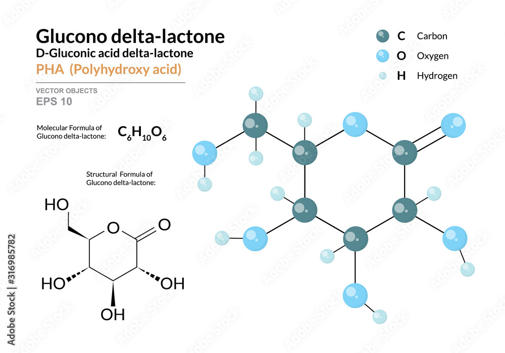 Gluconic acid delta-lactone. PHA Polyhydroxy acid. Structural chemical ...