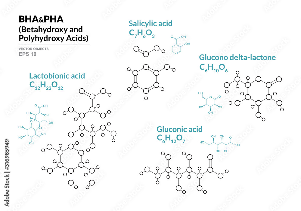 Salicylic, Lactobionic, Gluconic, Glucono d-lactone acids. BHA, PHA ...