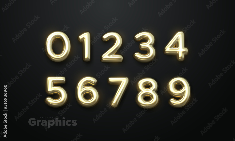 Golden numbers set. Vector 3d illustration. Realistic shiny characters. Isolated digits ...