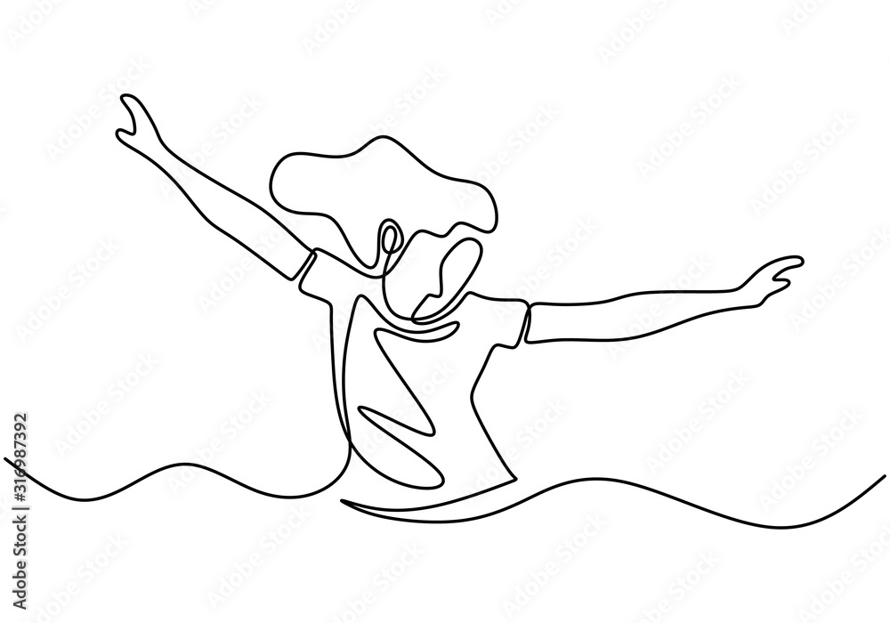 Continuous one line drawing of woman rising hands up feeling happy and ...
