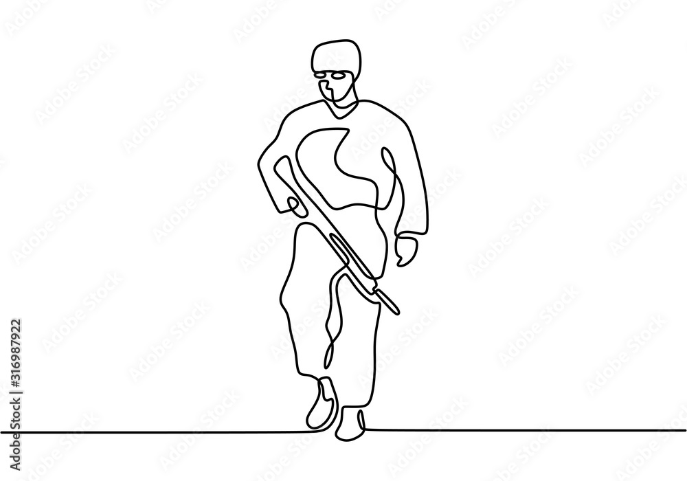 Soldier one line drawing. Portrait of army man with uniform and rifle ...