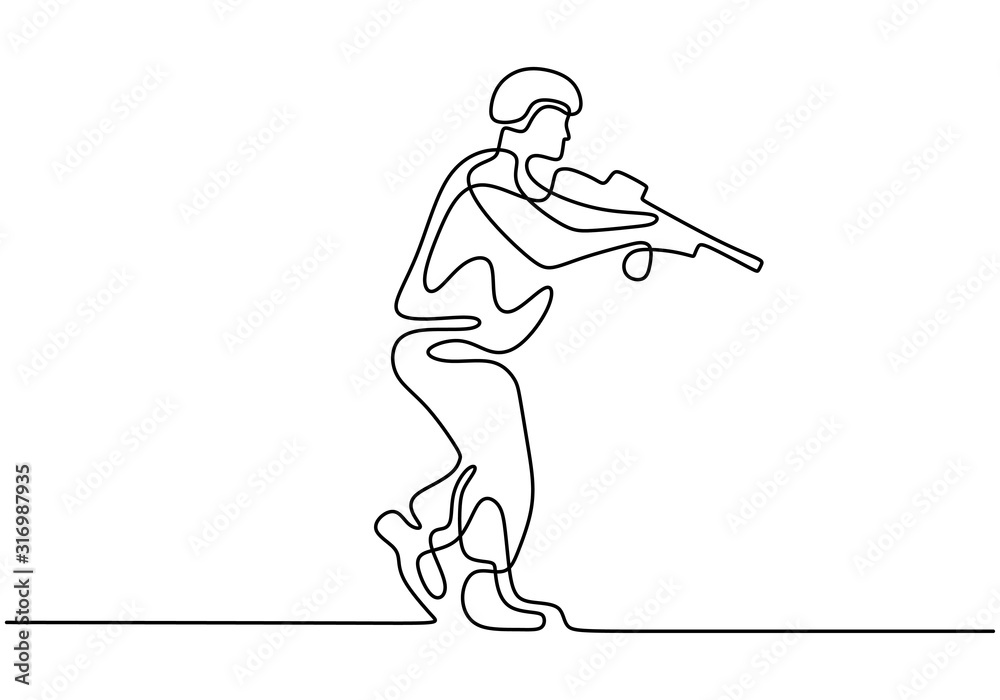 One line drawing of army man. Soldier with rifle gun want to shot ...