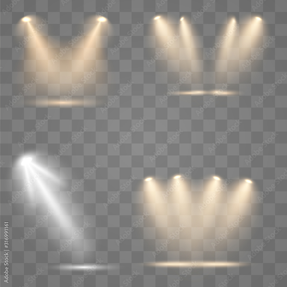 Set of golden spotlight isolated on transparent background. Glowing ...