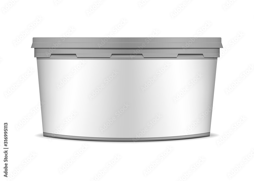 Plastic tub with lid and blank label isolated on white background ...