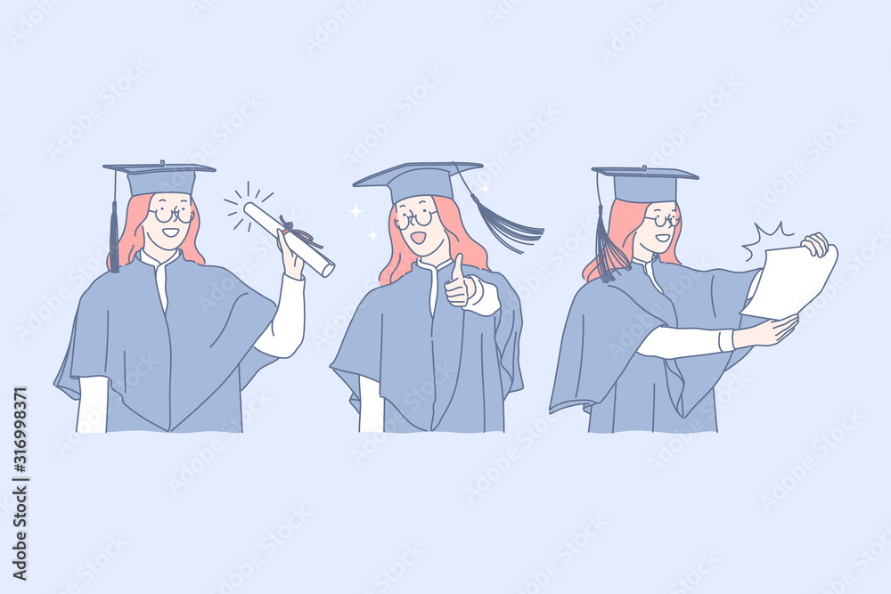 Education, graduation, success set concept. Young successful girl has ...