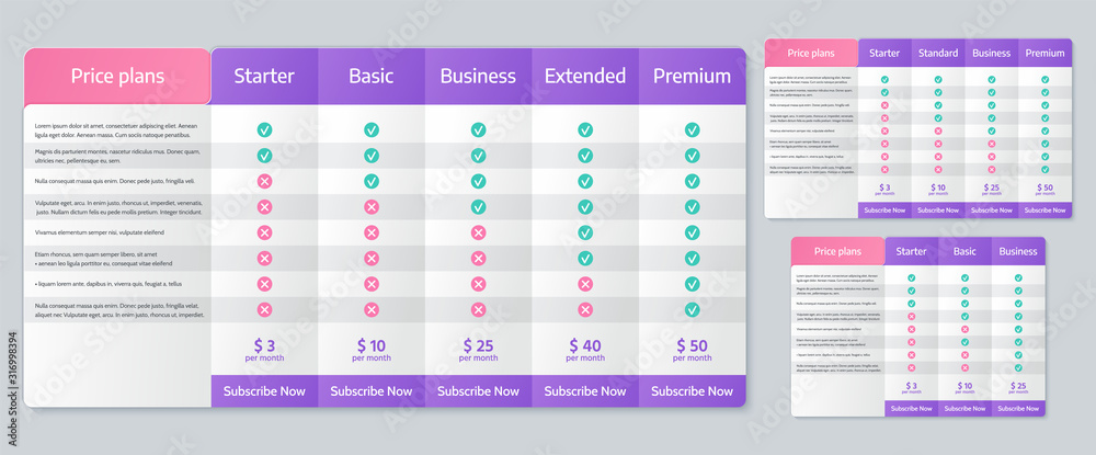 Table price chart. Vector. Comparison plan template. Set pricing grid ...