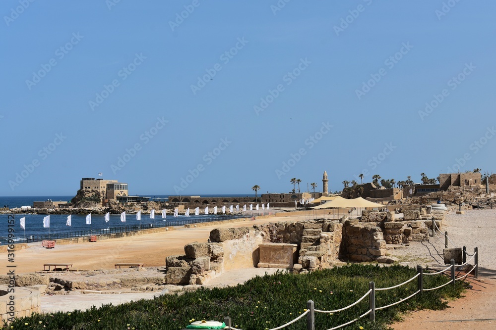 Ruins of the ancient city port of Caesarea. Caesarea was a Roman city ...