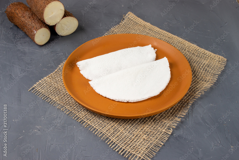 Tapioca, a traditional brazilian snack made from cassava flour. Cassava ...