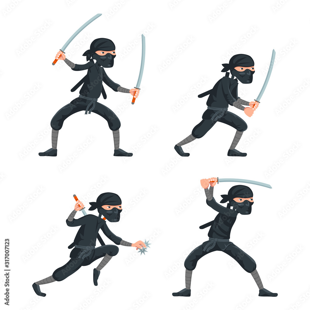Ninja japanese secret assassin cartoon characters set vector ...