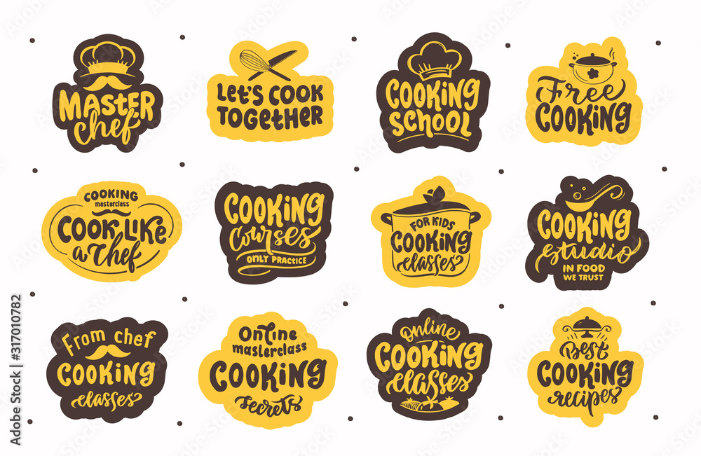 Let's cook. Set of vintage retro hand drawn badges, labels and logo ...