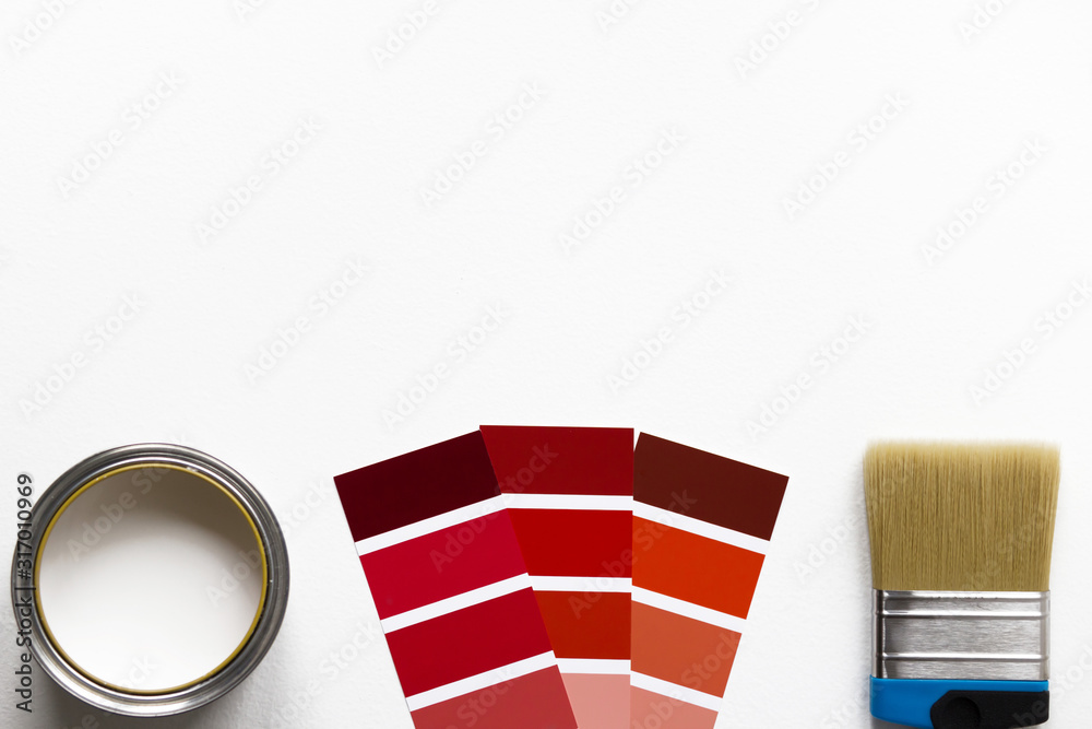 Paint color chart sample swatches, paint brush and tin of paint ...