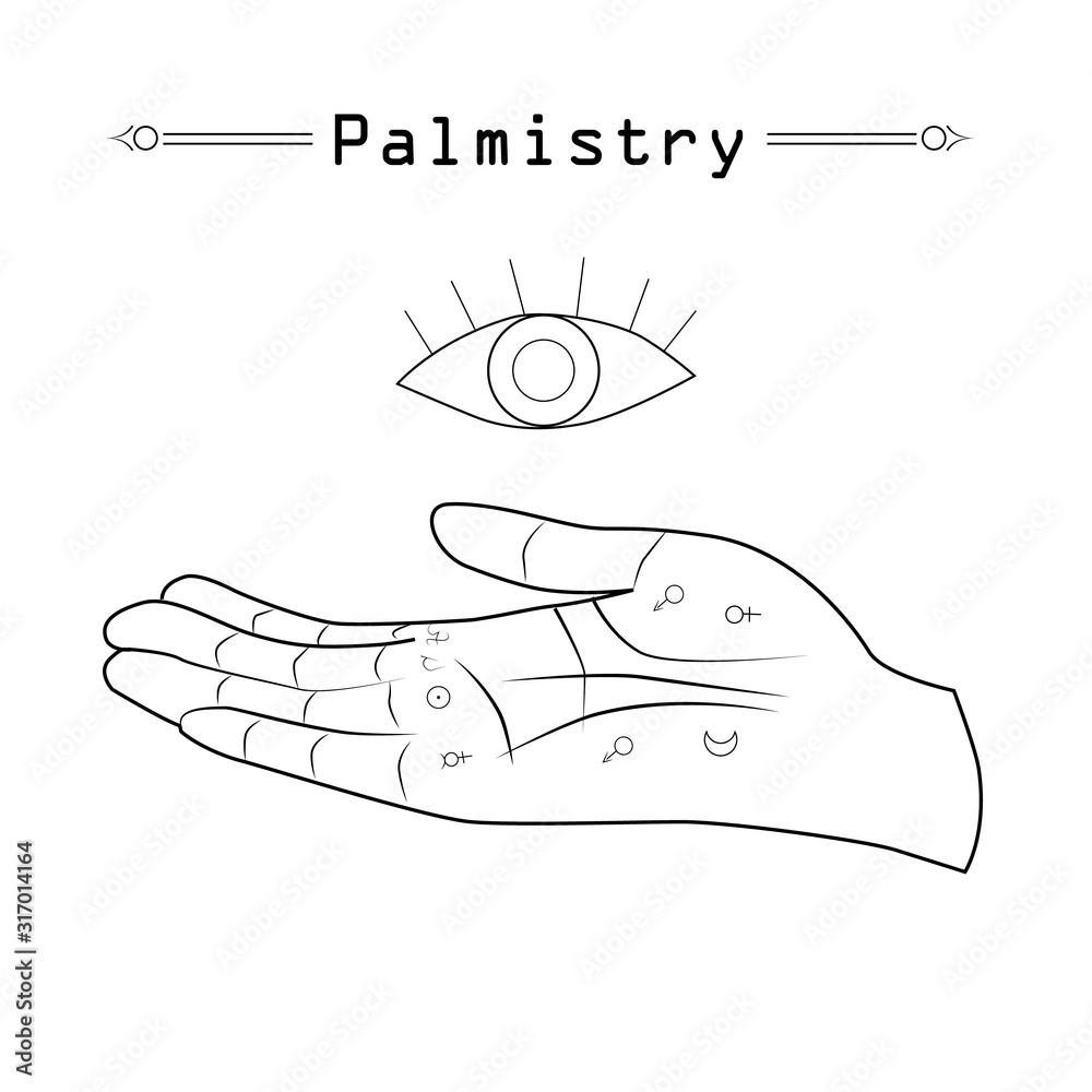 Hand with lines and signs on it. Above the hand is the symbol of the ...