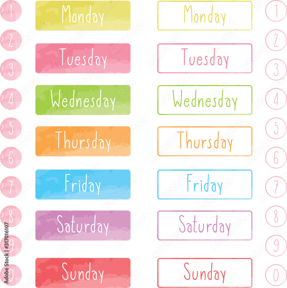 Handwritten days of the week with pastel color background and border ...