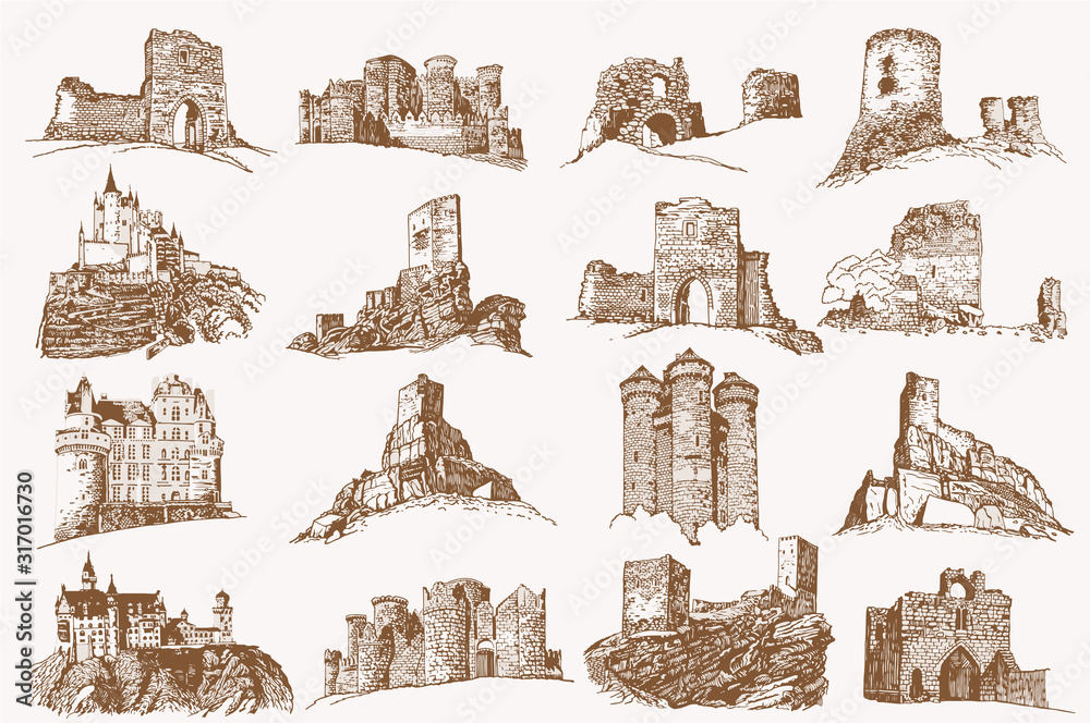 Graphical hand-drawn vintage set of medieval castles ,vector ...