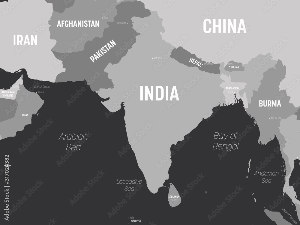 South Asia map - grey colored on dark background. High detailed ...