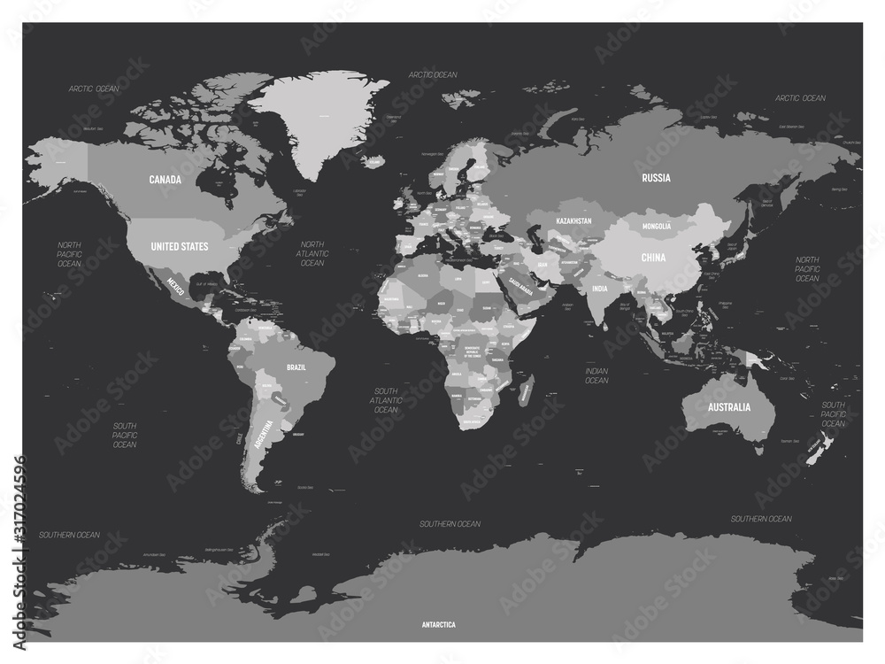 World map - grey colored on dark background. High detailed political ...
