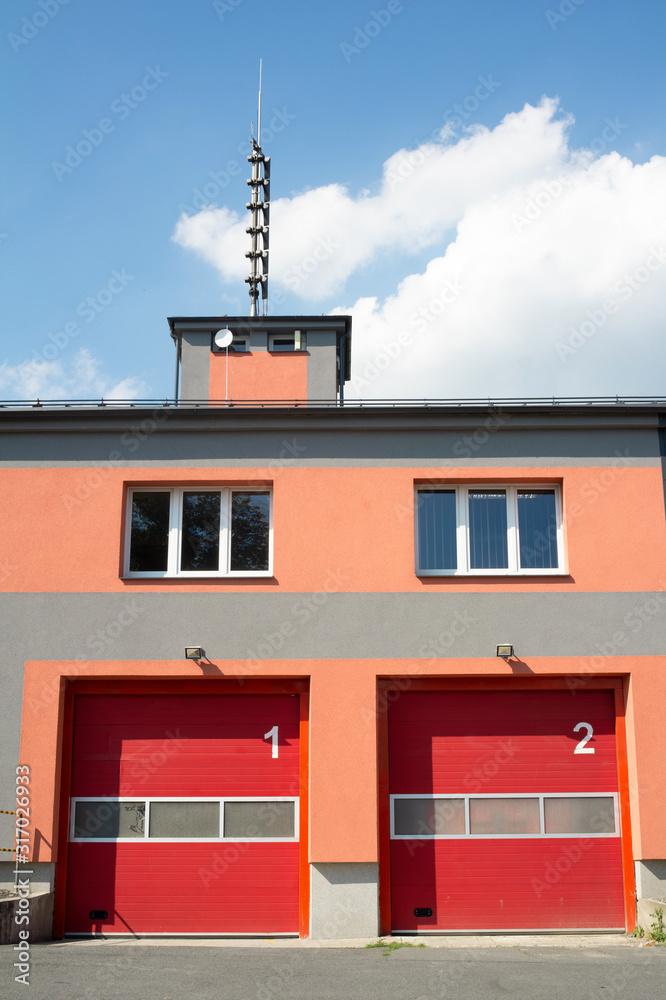 Fire station - garage with closed exit and doors. Building for fire ...