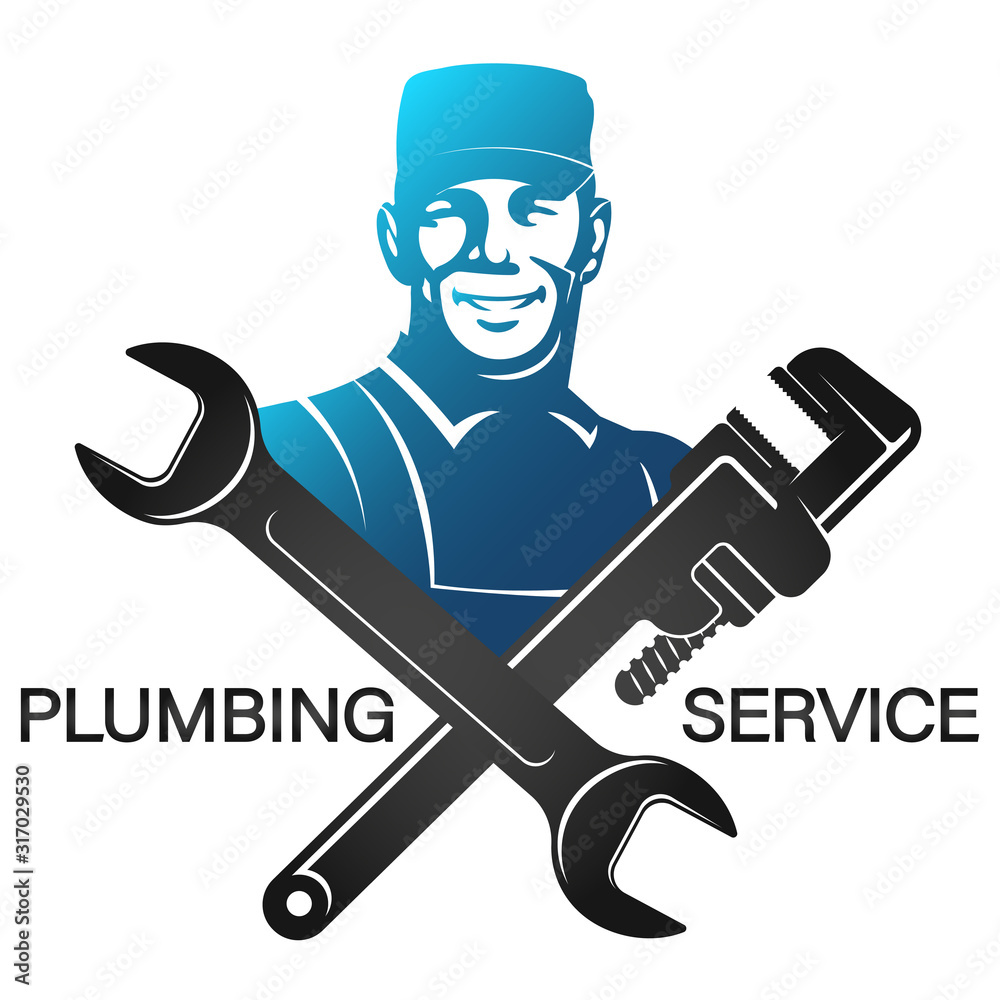 Plumber in uniform with wrench symbol for repair and maintenance of ...