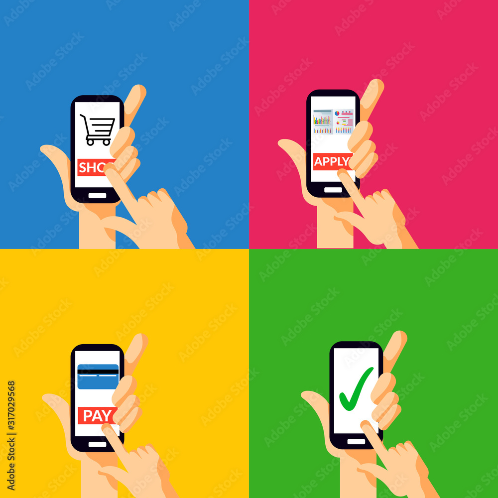 sets of hand holding mobile phone, tapping or touching on screen button ...