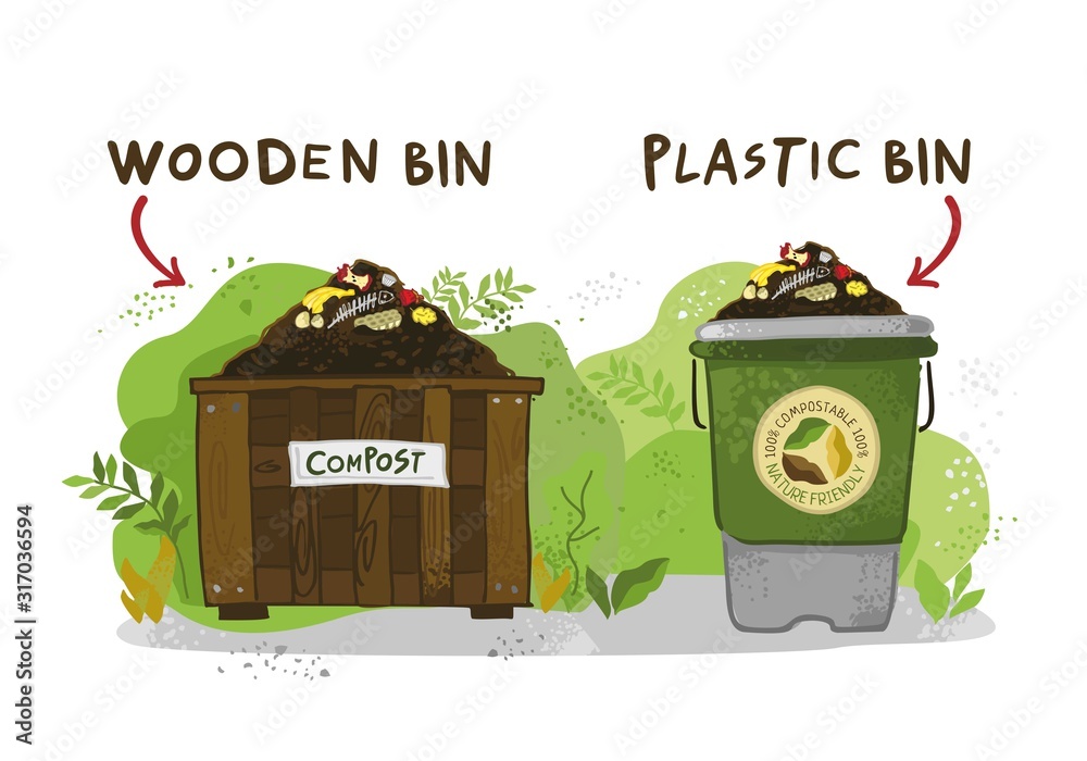 Decorative wooden and plastic compost bins on a background of green ...