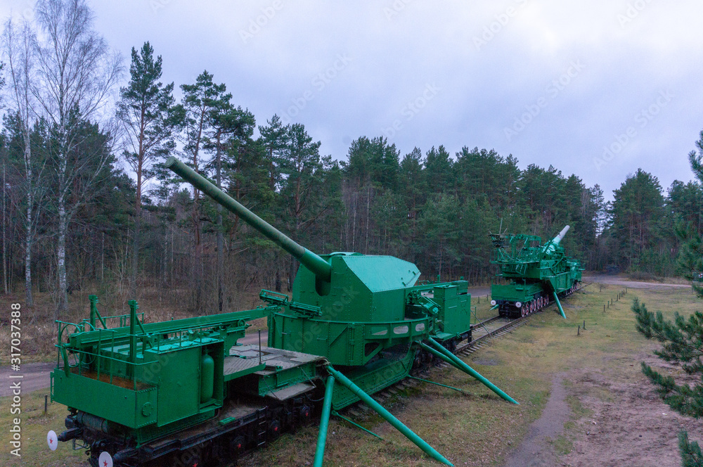 Large-caliber railway artillery gun. Fort Red Hill, Krasnaya Gorka ...