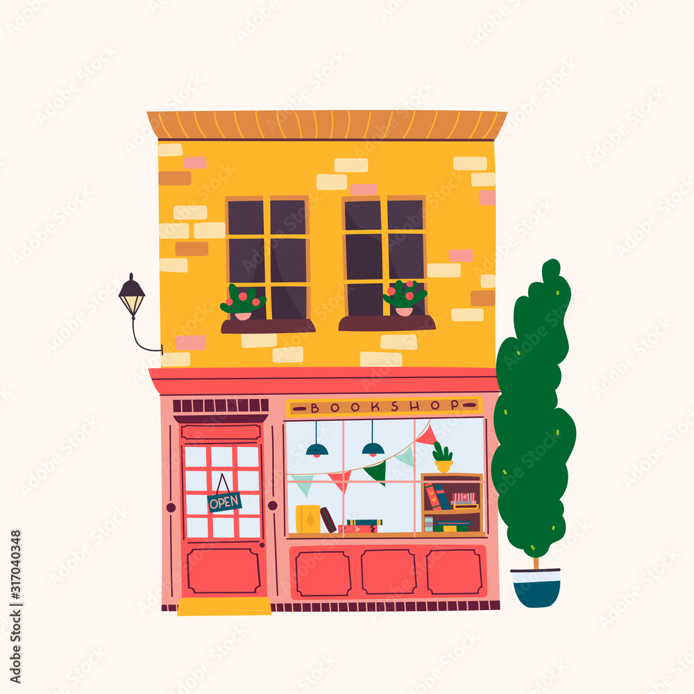 Book Shop. Building's facade. A row of books in the window. Trendy ...