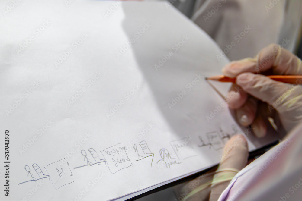 Material flow map drawn in pencil on white sheet of paper, lean ...