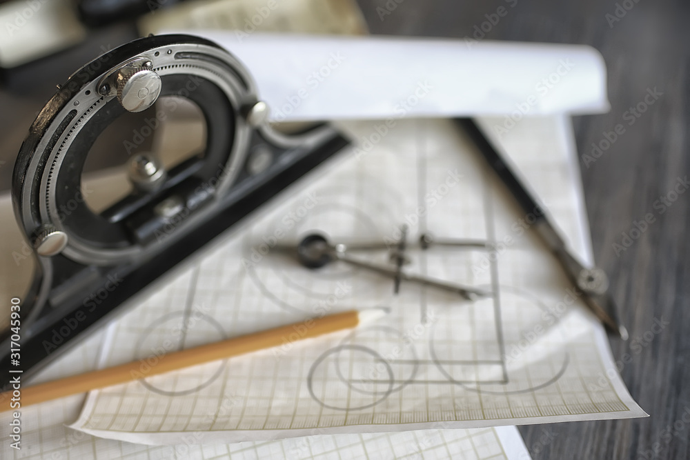 drawing tools, concept engineering project vintage / compass pencil ...