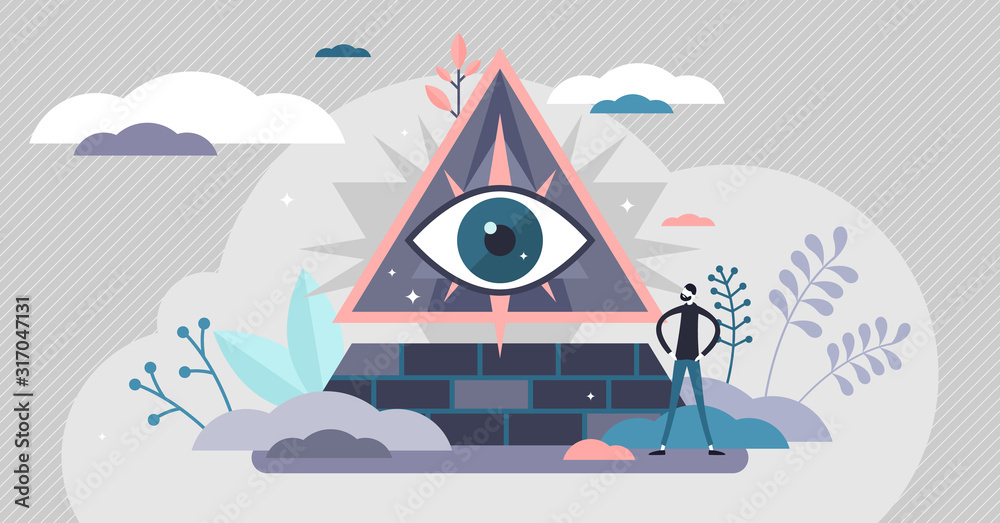 Conspiracy theory, eye pyramid symbol concept, flat tiny person vector ...