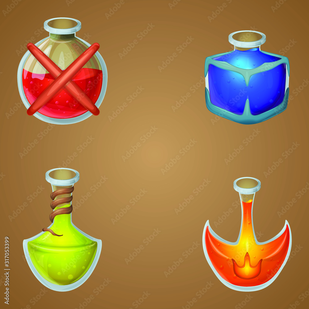 Magic potions game asset vector set, cute fantasy design, isolated ...