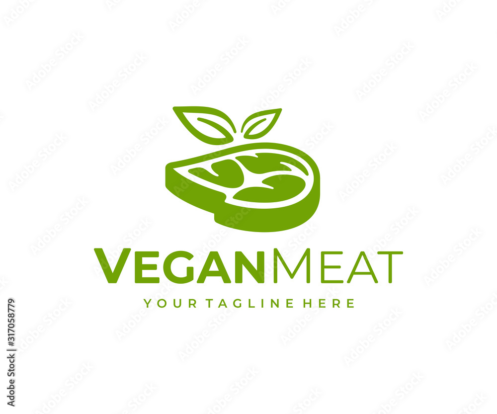 Vegetarian meat logo design. Vegan steak with leaves vector design ...