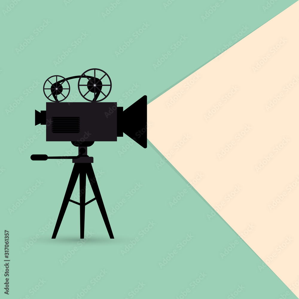 Movie time flat concept background. Retro camera film tape with a ray ...