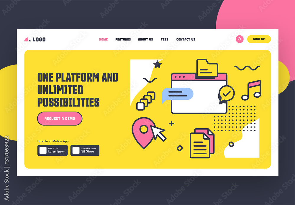 Yellow and White Website Landing Page Layout with Pink Accents Stock ...