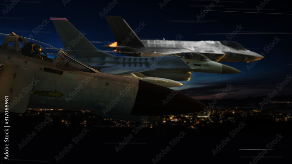 Three different type of american jet aircrafts flying over city in ...
