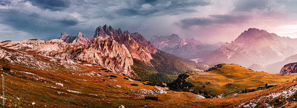 Awesome alpine highlands during sunset. Incredible view of Dolomites ...