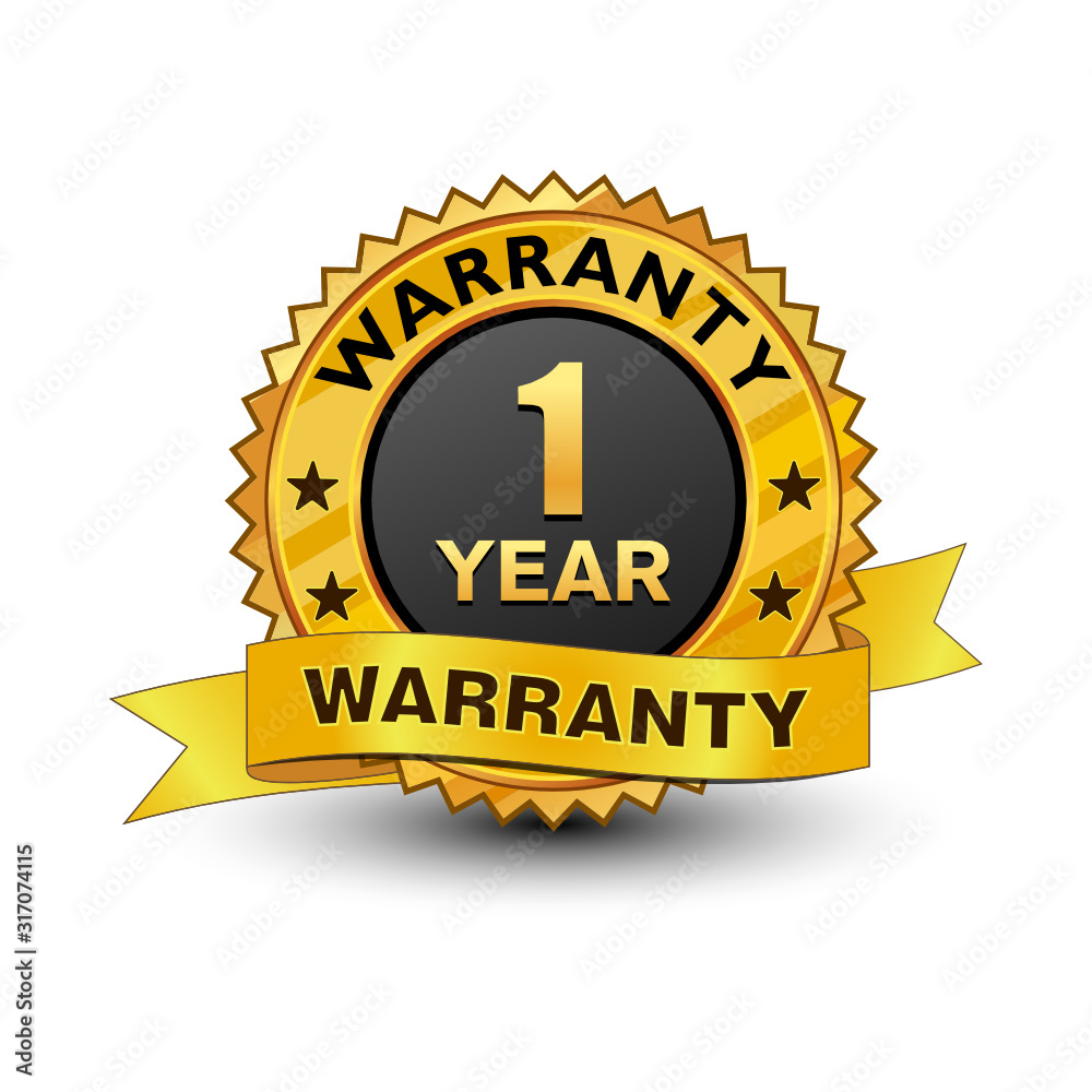 Very strong and powerful 1 year warranty golden badge. Isolated on ...