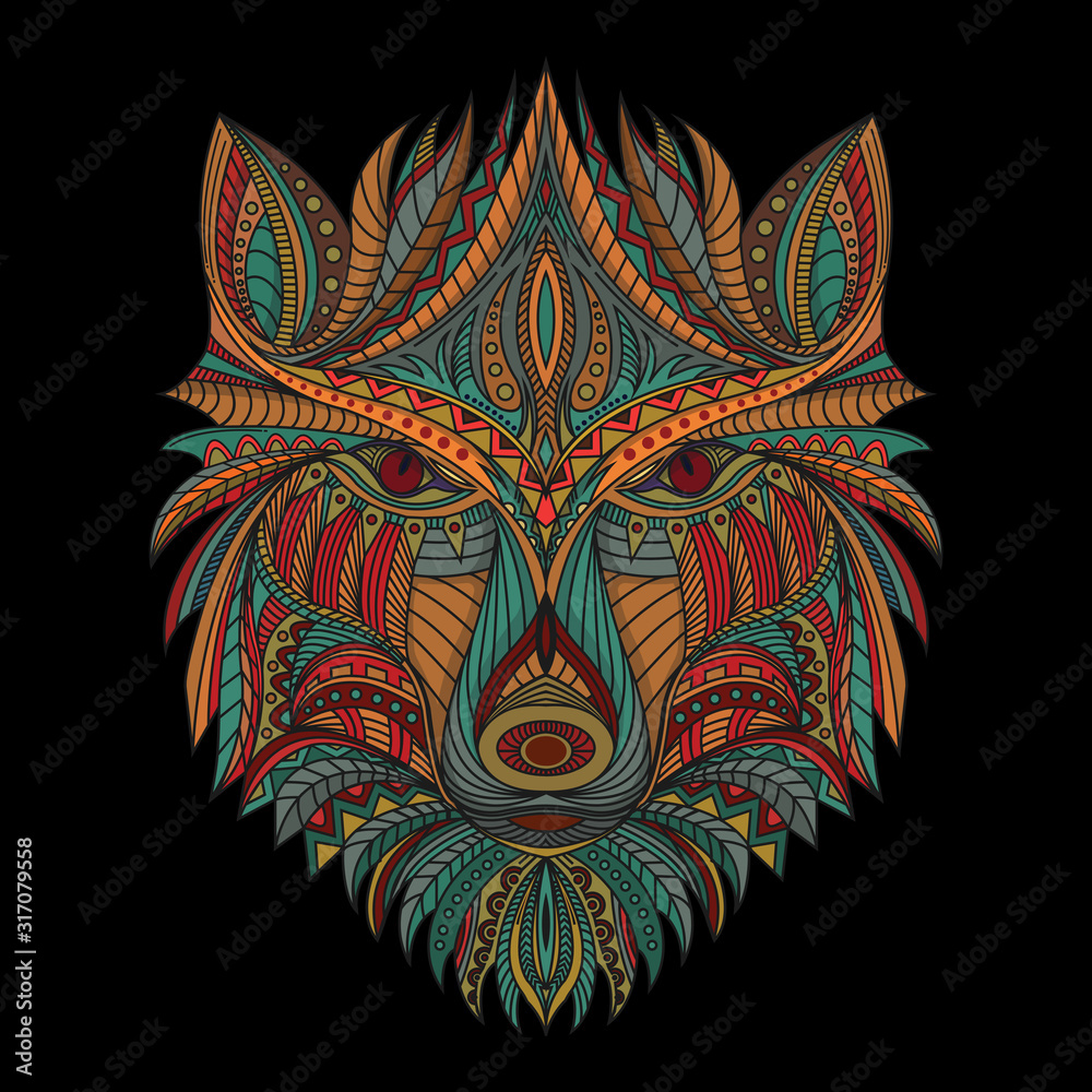 Stylized wolf in ethnic vector dark background Stock Vector | Adobe Stock