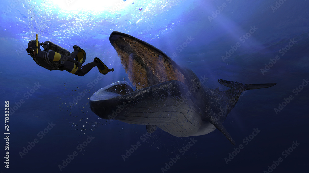 Blue whale with gigantic mouth is about to swallow a scuba diver ...