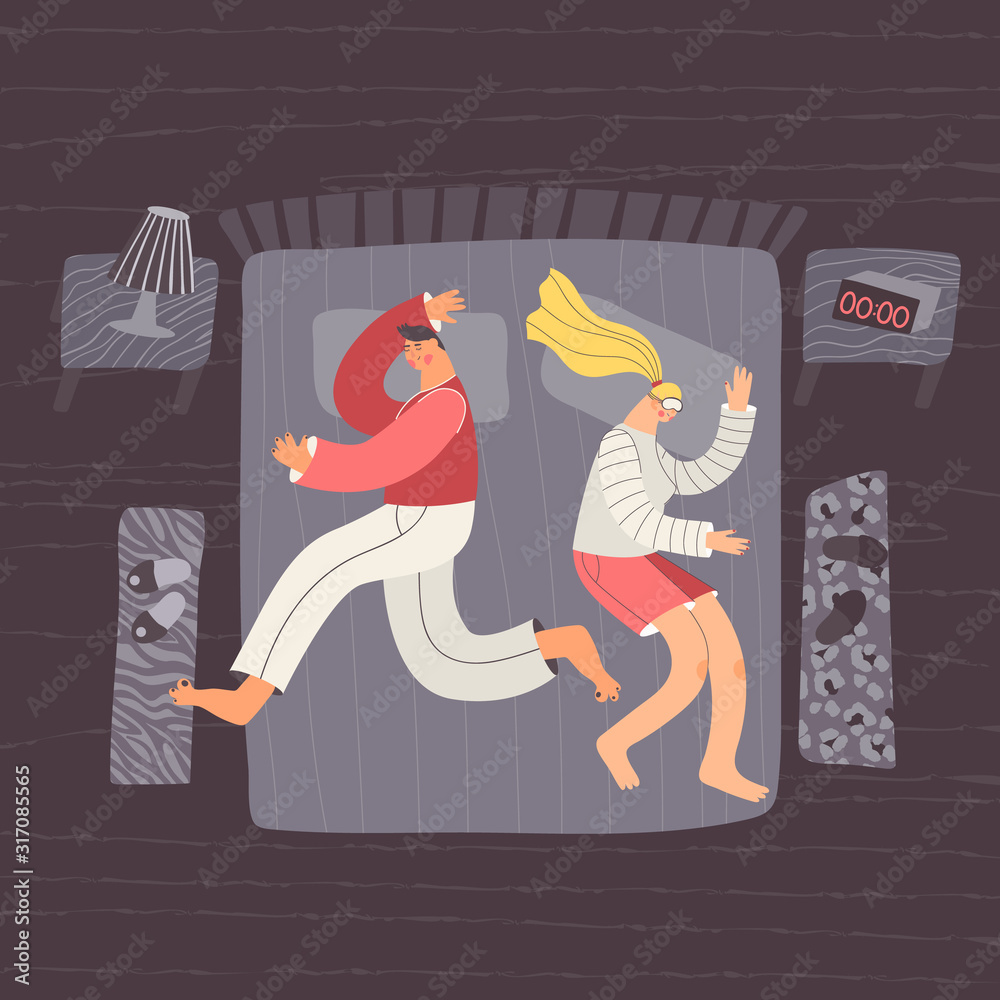 Cute vector characters sleeping together at night. Man and woman lying ...