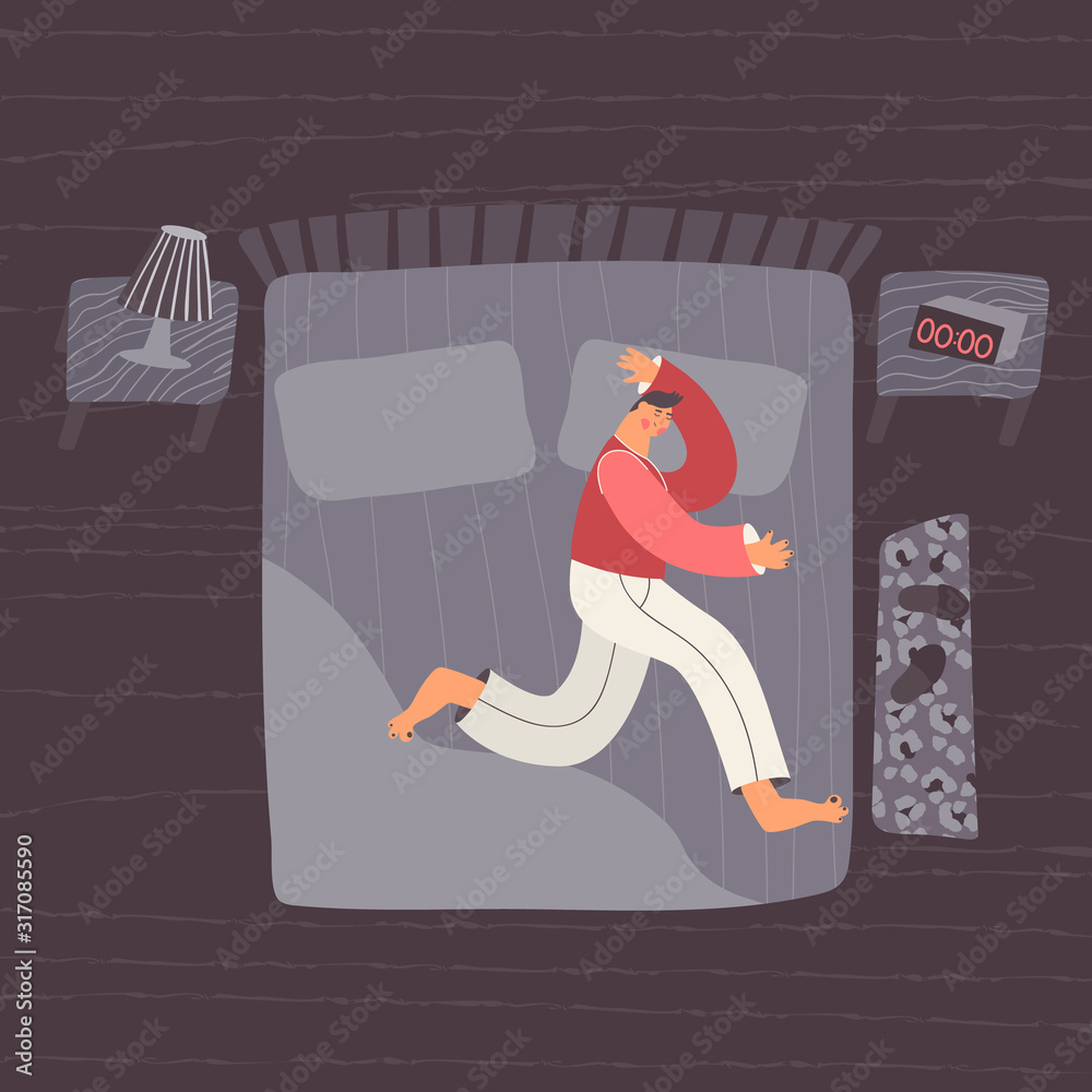 Cute vector character sleeping at night in the bedroom. Man lying in ...