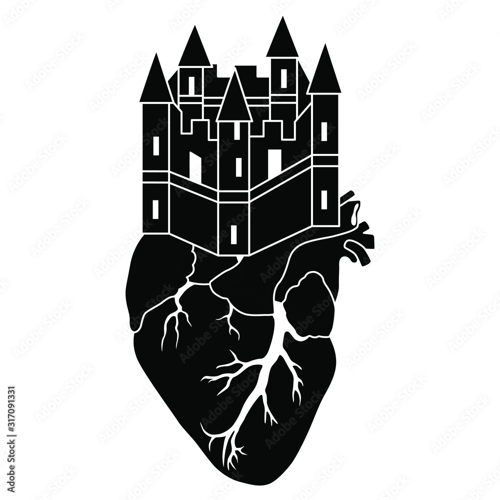 Isolated vector illustration. Medieval castle built on human heart ...
