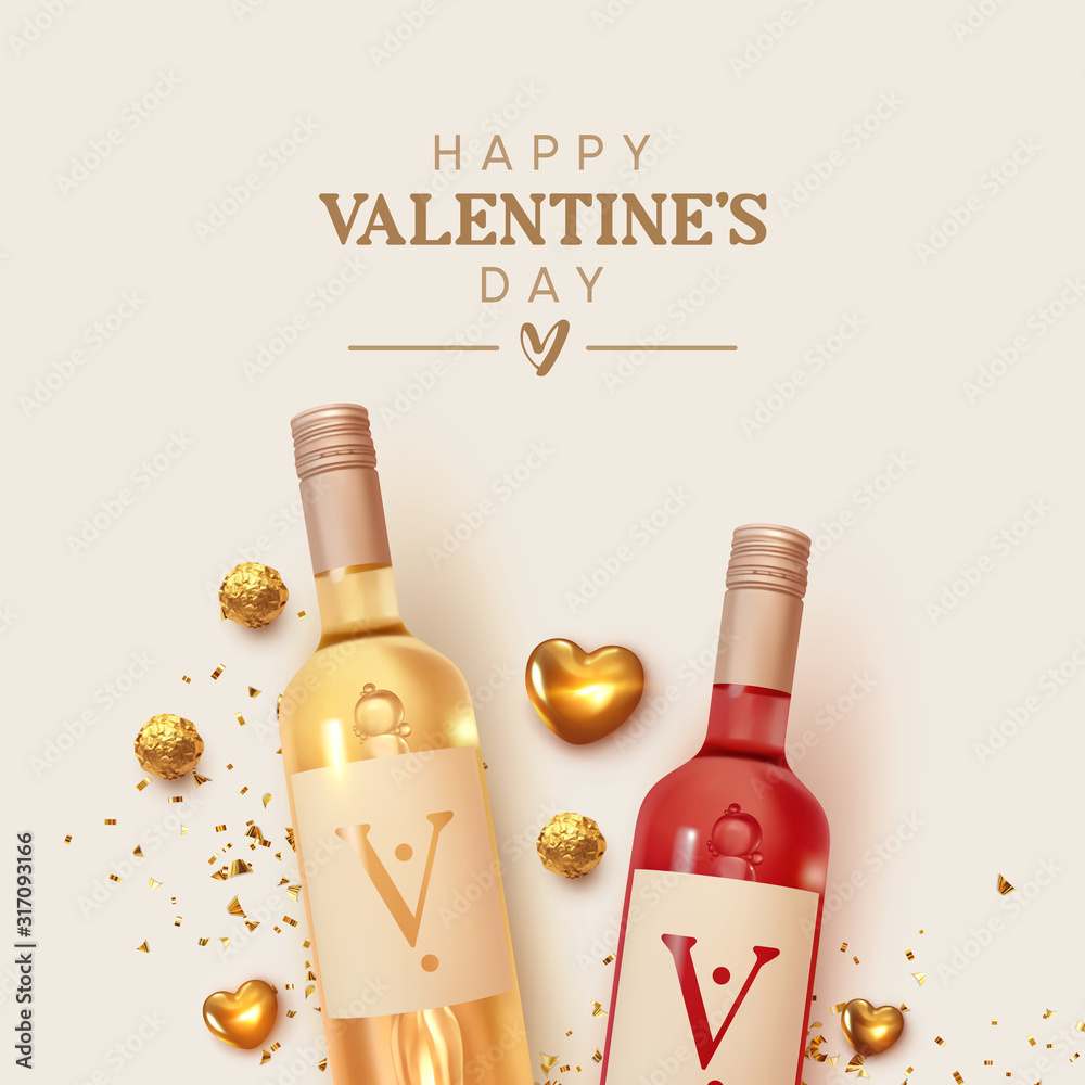 Happy Valentines Day. Design with realistic two bottles of alcohol wine ...