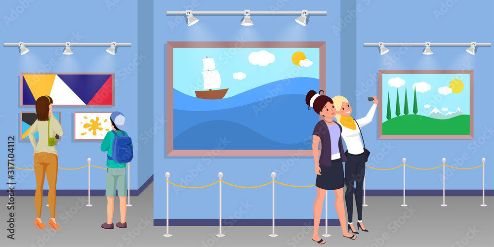 Girls visiting museum vector illustration. Young women taking selfie in ...