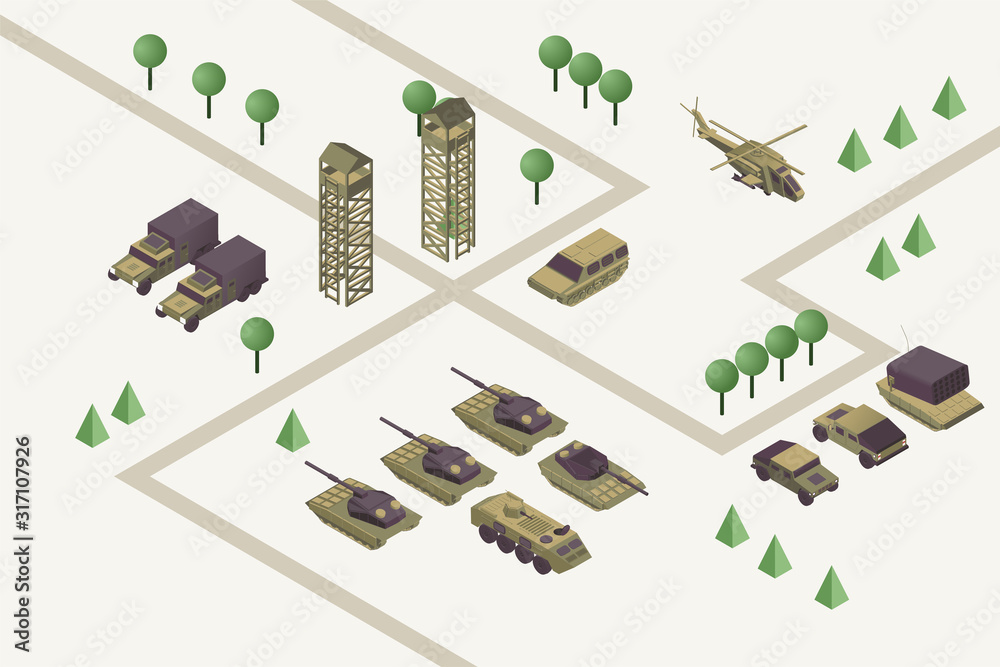 Military base isometric vector illustration. Army training camp with ...