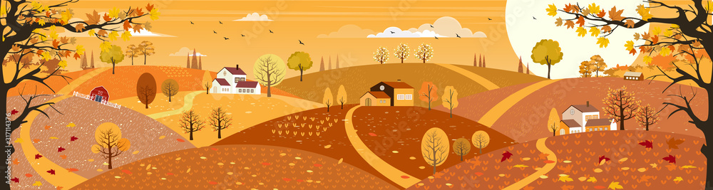 Vector cartoon Autumn landscape, Rural village with farm fields,house ...