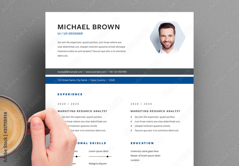 Resume Layout with Blue and Gray Header Elements Stock Template | Adobe ...