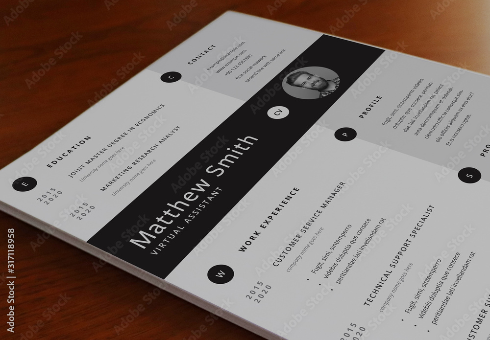 Resume Layout with Black Header and Light Gray Sidebar Stock Template ...