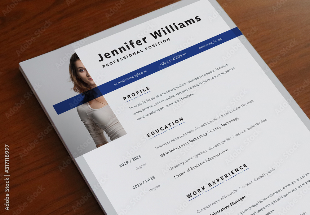 Resume Layout with Dark Blue Header Overlay and Accents Stock Template ...