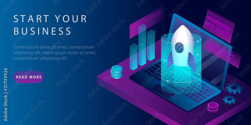 Isometric Startup modern design concept with a rocket and a laptop ...